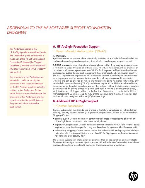 HP ArcSight Addendum (.PDF) - Software Support Online - HP