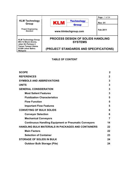 PROCESS DESIGN OF SOLIDS HANDLING SYSTEMS (PROJECT ...