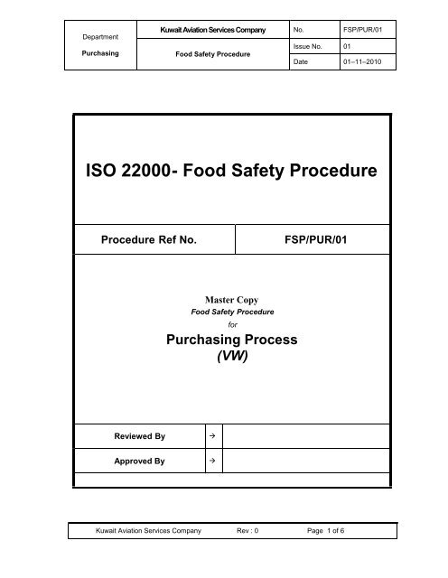 ISO 22000- Food Safety Procedure - kasco - kuwait aviation services ...