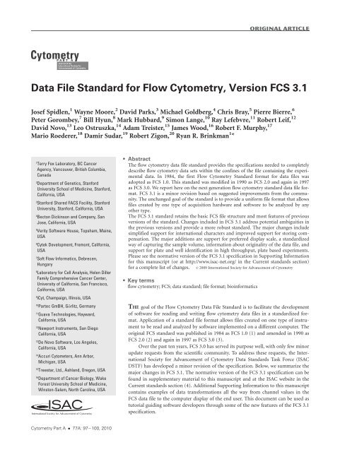 Data File Standard for Flow Cytometry, version FCS 3.1
