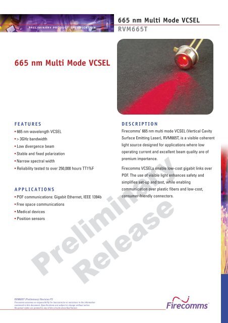 665 nm Multi Mode VCSEL - Firecomms