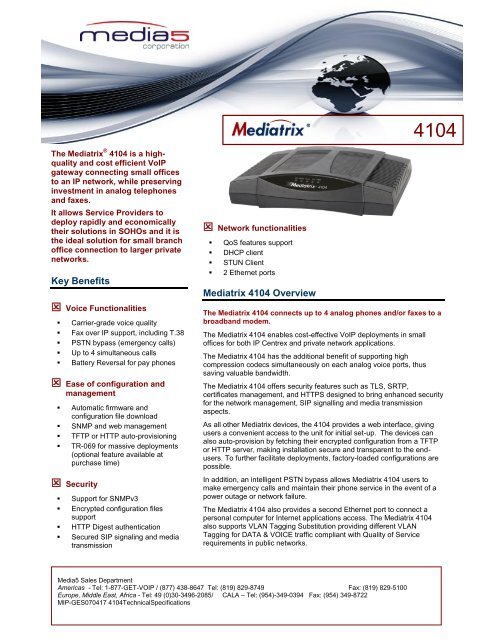 Mediatrix 4104/4104plus Technical Specifications