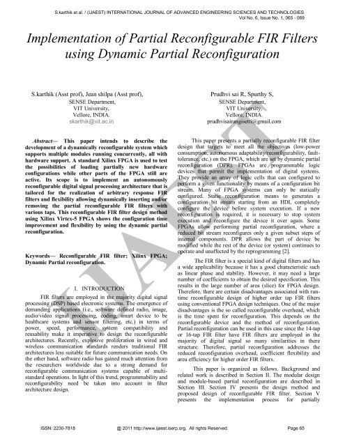 Implementation of Partial Reconfigurable FIR Filters using ... - ijaest
