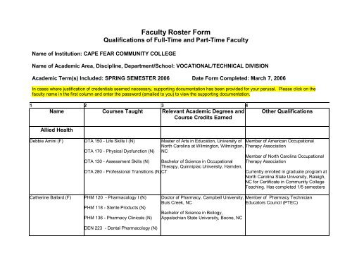 Faculty Roster Form - Cape Fear Community College