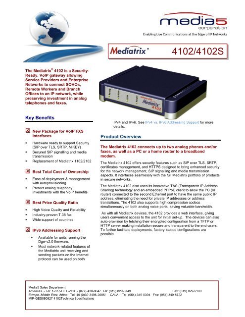 Mediatrix 4102 Technical Specifications - Media5 Corporation