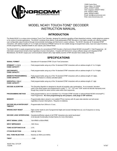 MODEL NC401 TOUCH-TONE* DECODER INSTRUCTION MANUAL