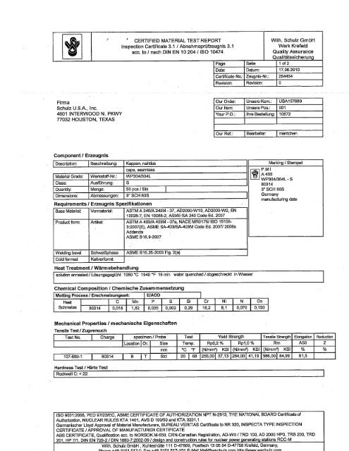 Rf ' ' ' CERTIFIED MATERIAL TEST REPORT Wilh. Schulz Gm bH W ...