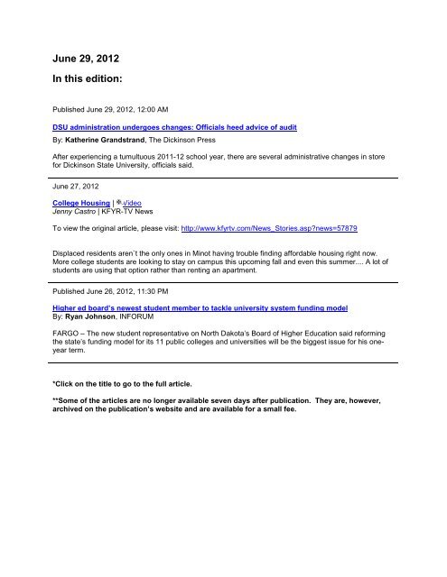 Media Coverage Summary 06-29-2012 - North Dakota University ...