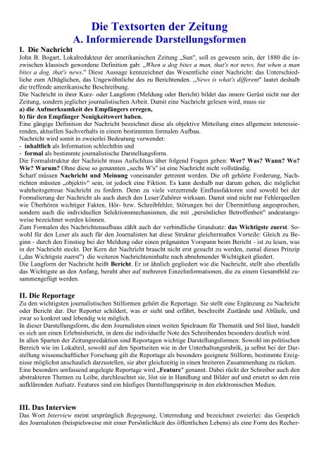 Die Textsorten der Zeitung A. Informierende Darstellungsformen