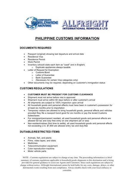 PHILIPPINE CUSTOMS INFORMATION