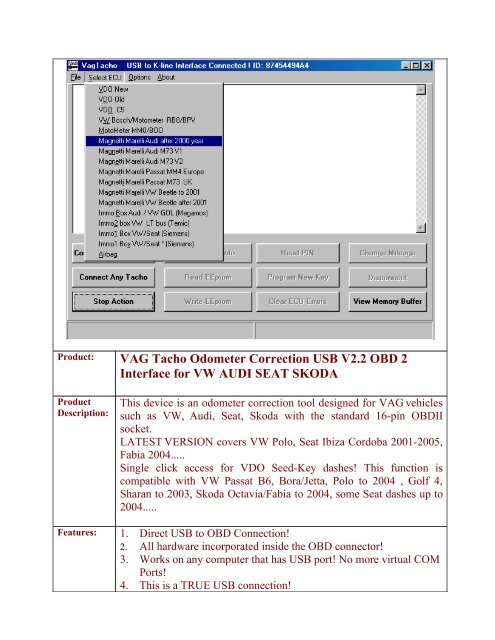 VAG Tacho Odometer Correction USB V2.2 OBD 2 ... - OBDToolStore