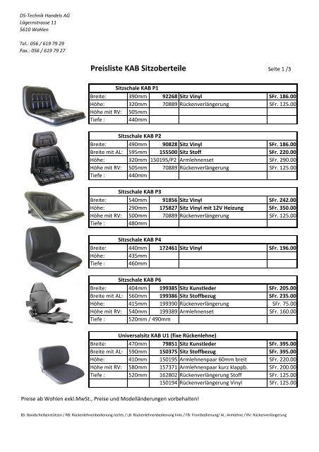 Preisliste KAB Sitzoberteile - DS Technik Handels AG