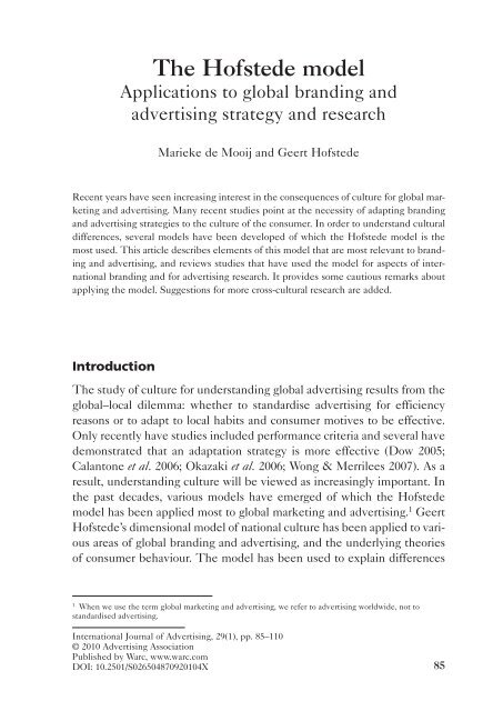The Hofstede model - Marieke de Mooij