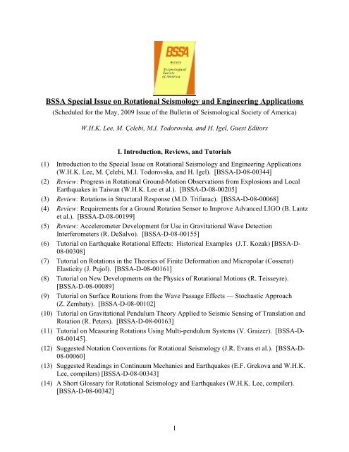 BSSA Special Issue on Rotational Seismology and Engineering ...