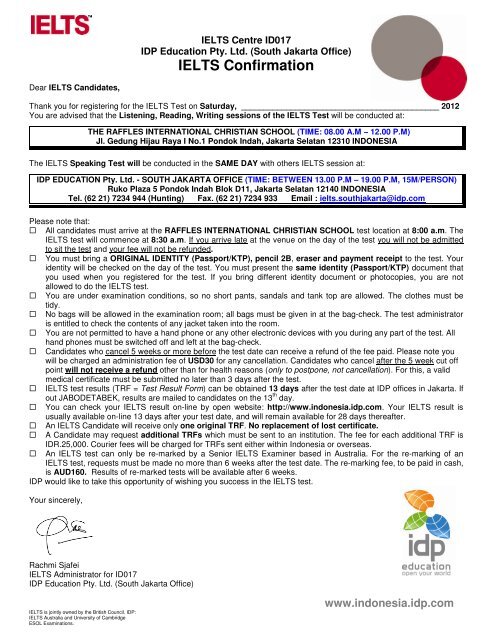 IELTS Confirmation 2012 - IDP Indonesia - IDP Education