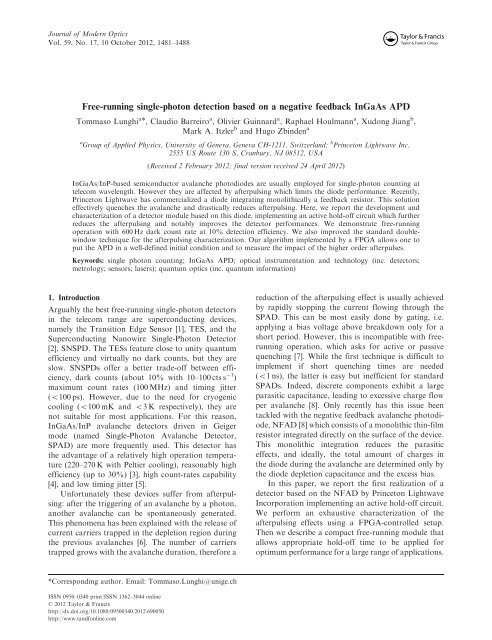 Free-run SPD based on InGaAs NFAD - Princeton Lightwave