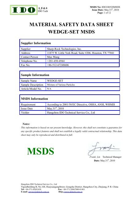 MATERIAL SAFETY DATA SHEET WEDGE-SET MSDS - Sharp-Rock