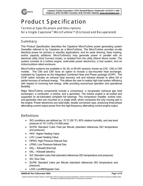 Product Specification - Microturbine Capstone Microturbine