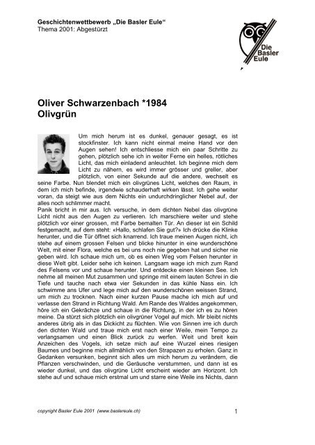 Oliver Schwarzenbach *1984 Olivgrün - Die Basler Eule