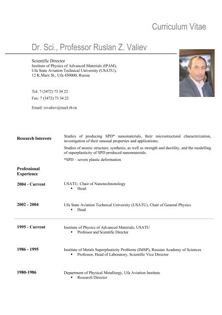 Curriculum Vitae Dr. Sci., Professor Ruslan Z. Valiev - Institute of ...