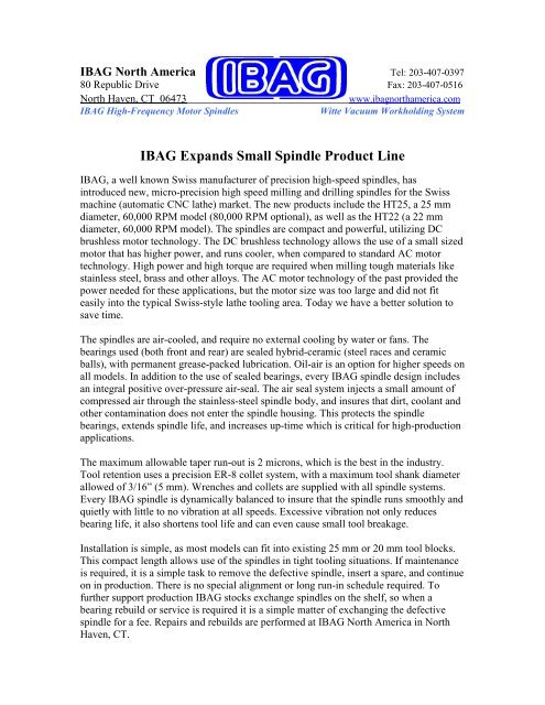 IBAG Expands Small Spindle Product Line - IBAG North America