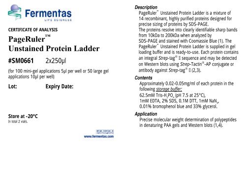 COA: PageRuler™ Unstained Protein Ladder, #SM0661 - Generon