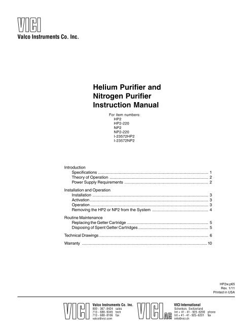 Helium Purifier and Nitrogen Purifier Instruction Manual - Valco ...