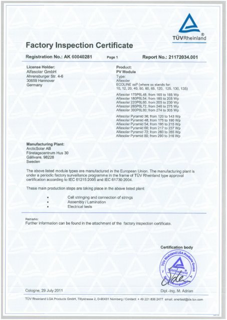 Factory Inspection Certificate - Certificates