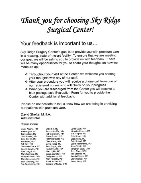 Patient Packet - Sky Ridge Surgical Center