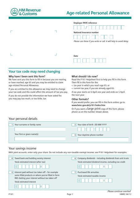 P161 - Age-related Allowance Claim form