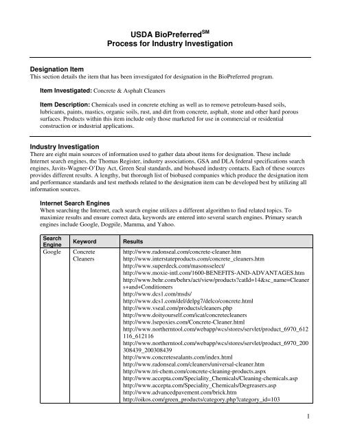 USDA BioPreferred Process for Industry Investigation