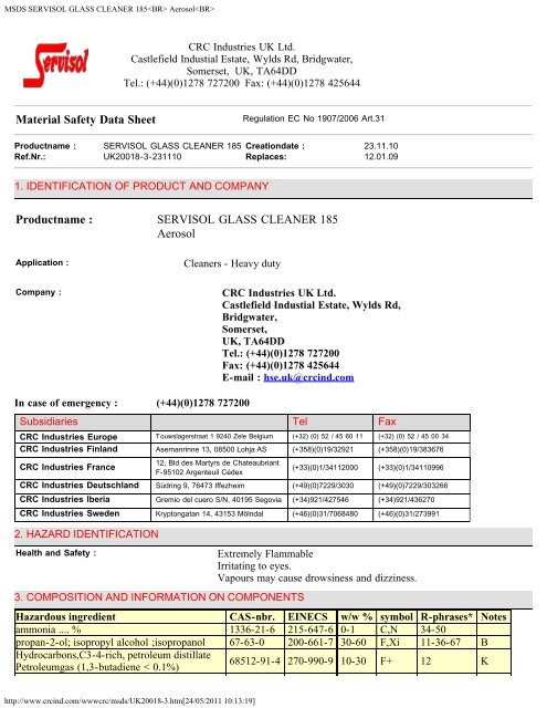 MSDS SERVISOL GLASS CLEANER 185 Aerosol - Farnell