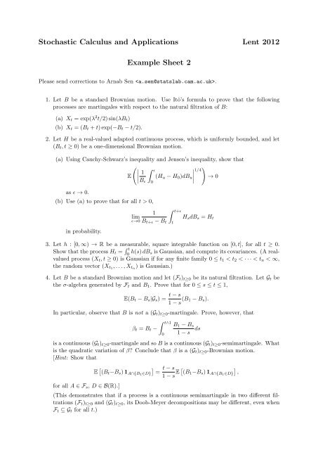 Stochastic Calculus And Applications Lent 2012 Example Sheet 2