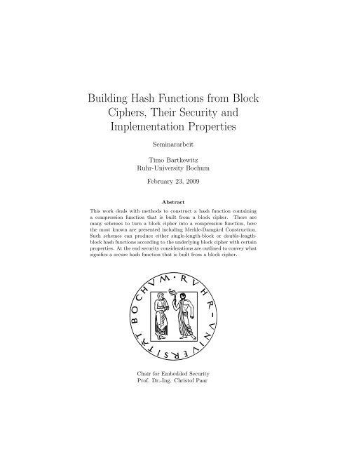 Building Hash Functions From Block Ciphers Their Security And 