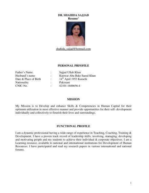 DR. SHAHIDA SAJJAD Resume - University of Karachi
