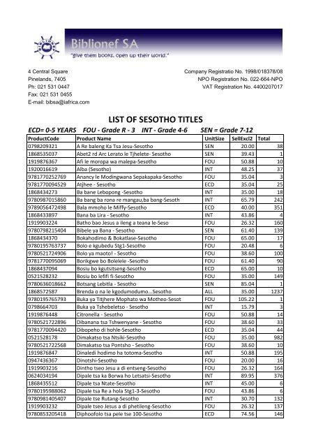 LIST OF SESOTHO TITLES