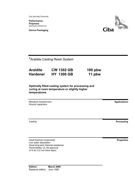 Araldite CW 1302 GB 100 pbw Hardener HY - Lindberg & Lund AS