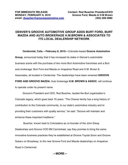 denverʼs groove automotive group adds burt ford, burt mazda and ...