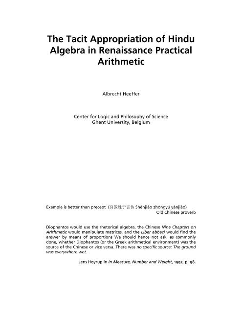 The Tacit Appropriation of Hindu Algebra in Renaissance Practical ...