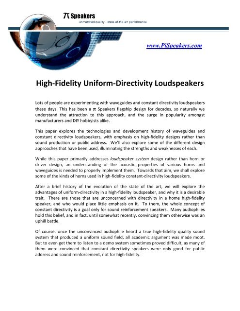 High-Fidelity Uniform-Directivity Loudspeakers - Pi Speakers