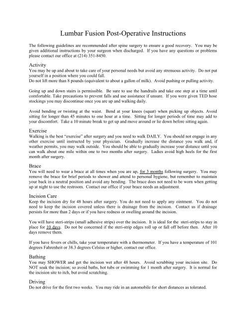 Lumbar Fusion Post-Operative Instructions - Frank Feigenbaum, MD