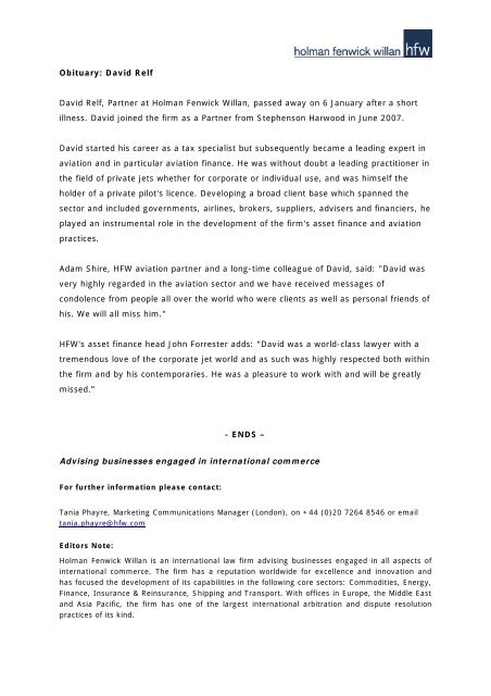 David Relf David Relf, Partner at Holman Fenwick Willan, passed ...