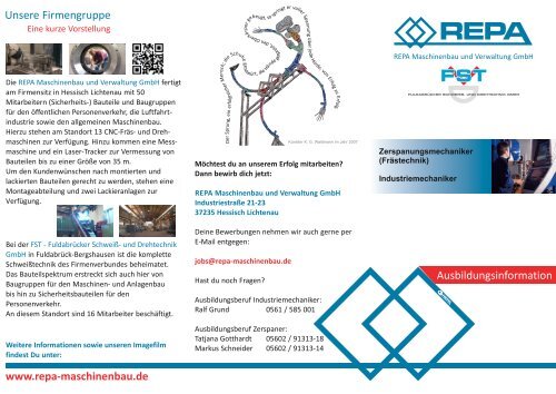 Flyer zur Ausbildung bei REPA und FST - Repa Maschinenbau GmbH