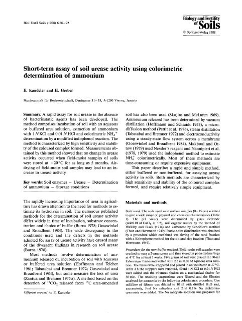 Short-term assay of soil urease activity using colorimetric ...