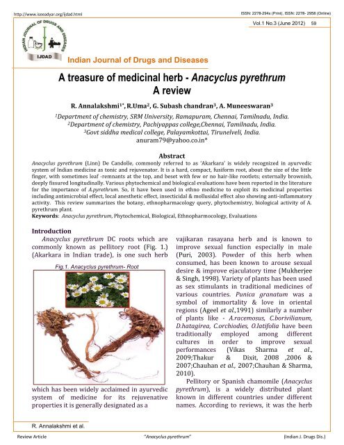 A treasure of medicinal herb - Anacyclus pyrethrum A review