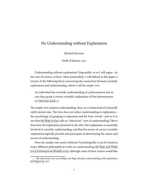 No Understanding without Explanation - Michael Strevens