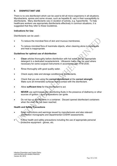 9. DISINFECTANT USE There