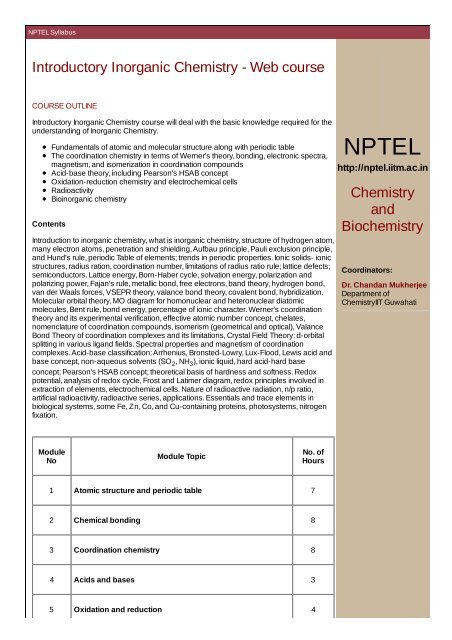 NPTEL Syllabus - Introductory Inorganic Chemistry