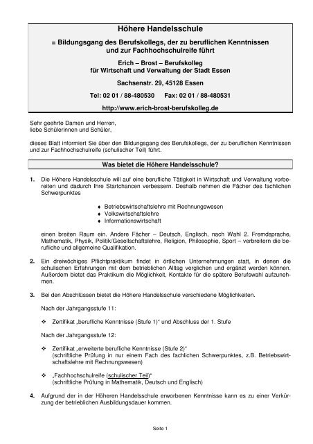 Info-Schrift-Höhere-Handelsschule - Erich-Brost-Berufskolleg - Essen