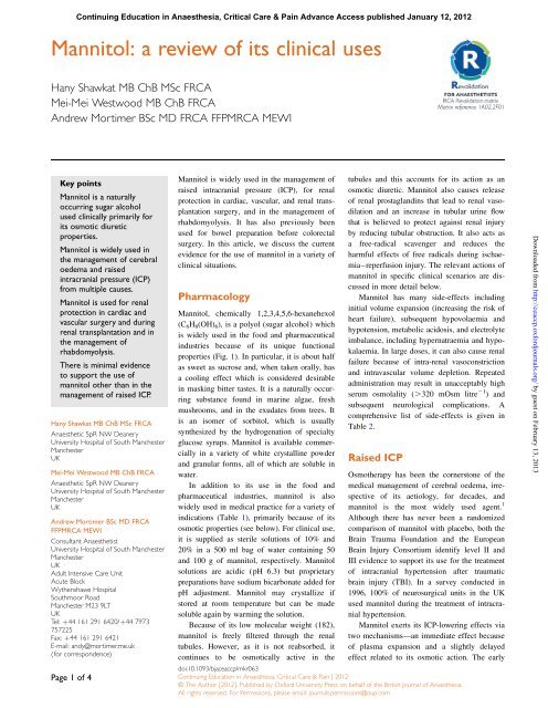 Mannitol: a review of its clinical uses - CEACCP